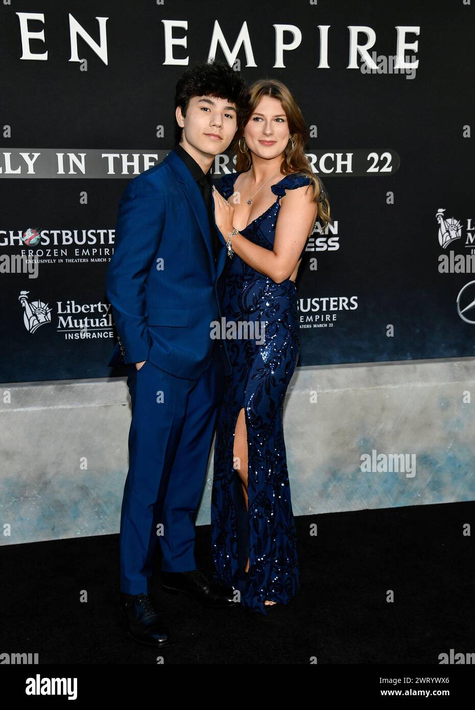 Logan Kim, left, and Sydney Wright attend the premiere of "Ghostbusters ...