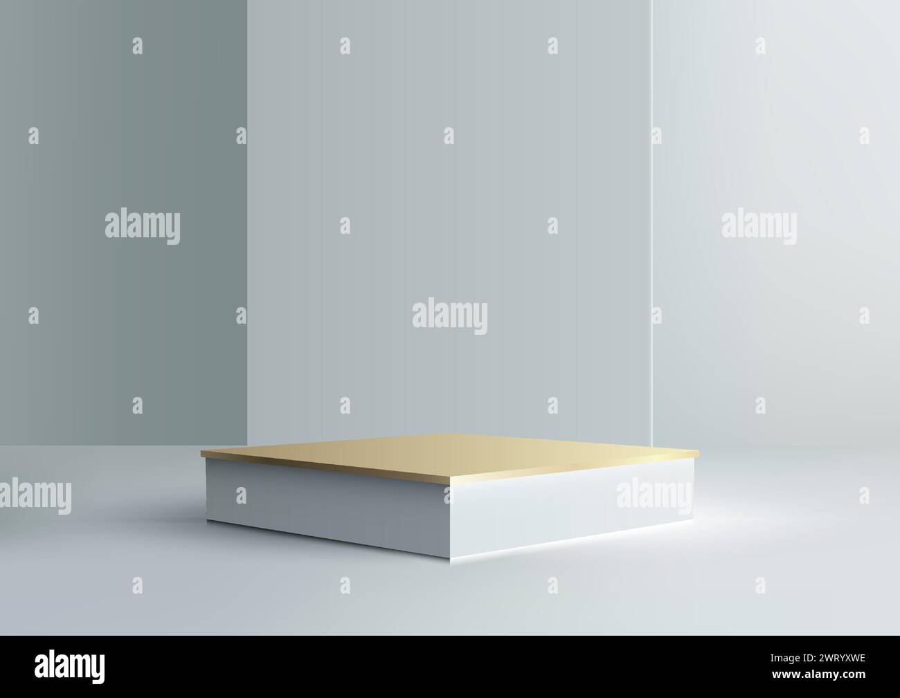 3D white box podium with gold top on white table against white wall ...