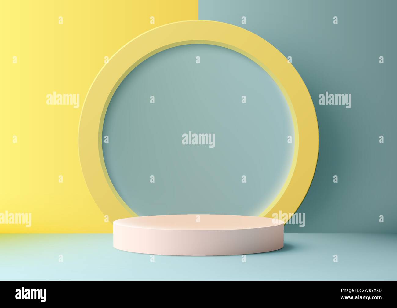 3D realistic pink color podium platform with circle frame backdrop ...