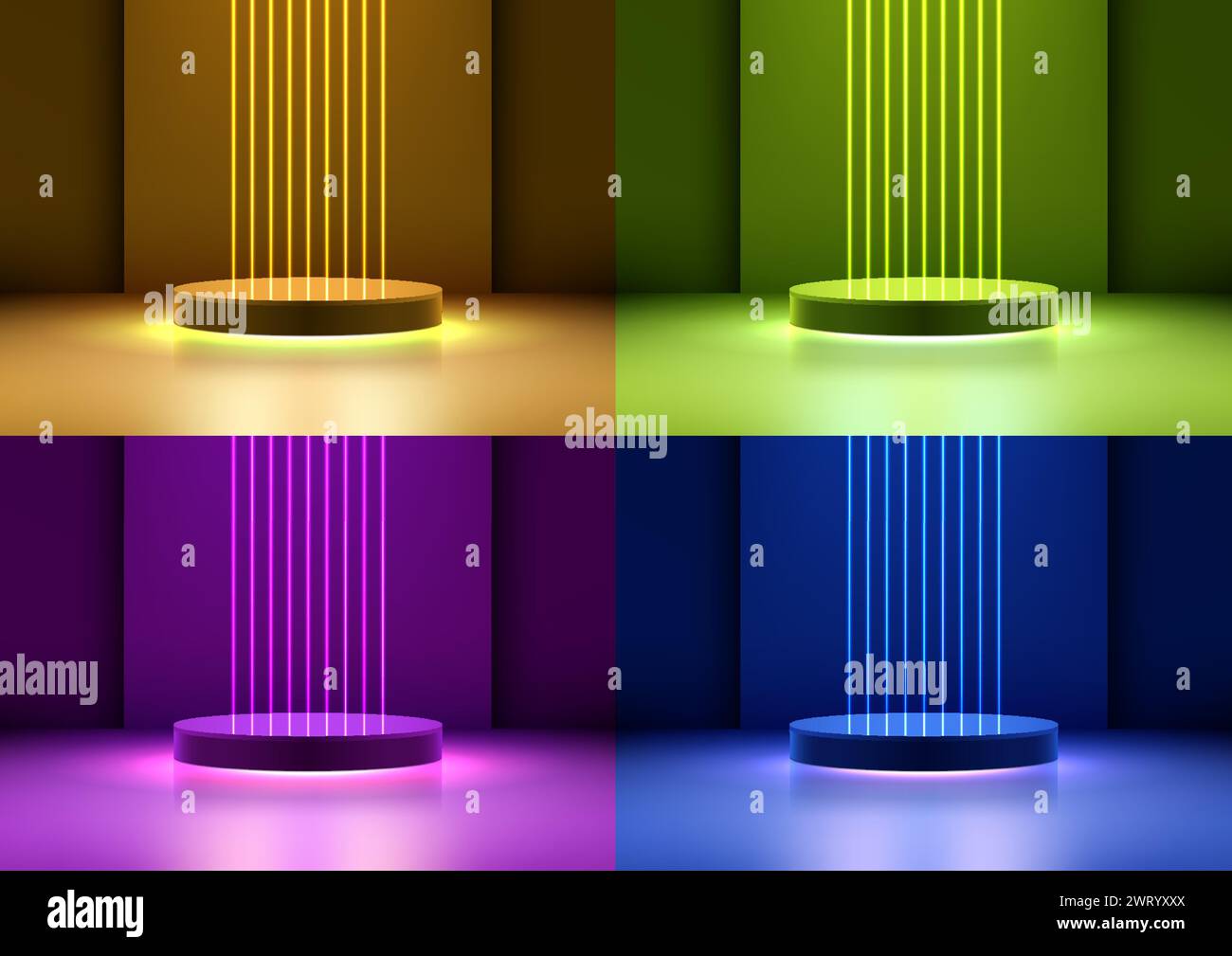 3D realistic empty podium stand with neon colors laser lines backdrop ...