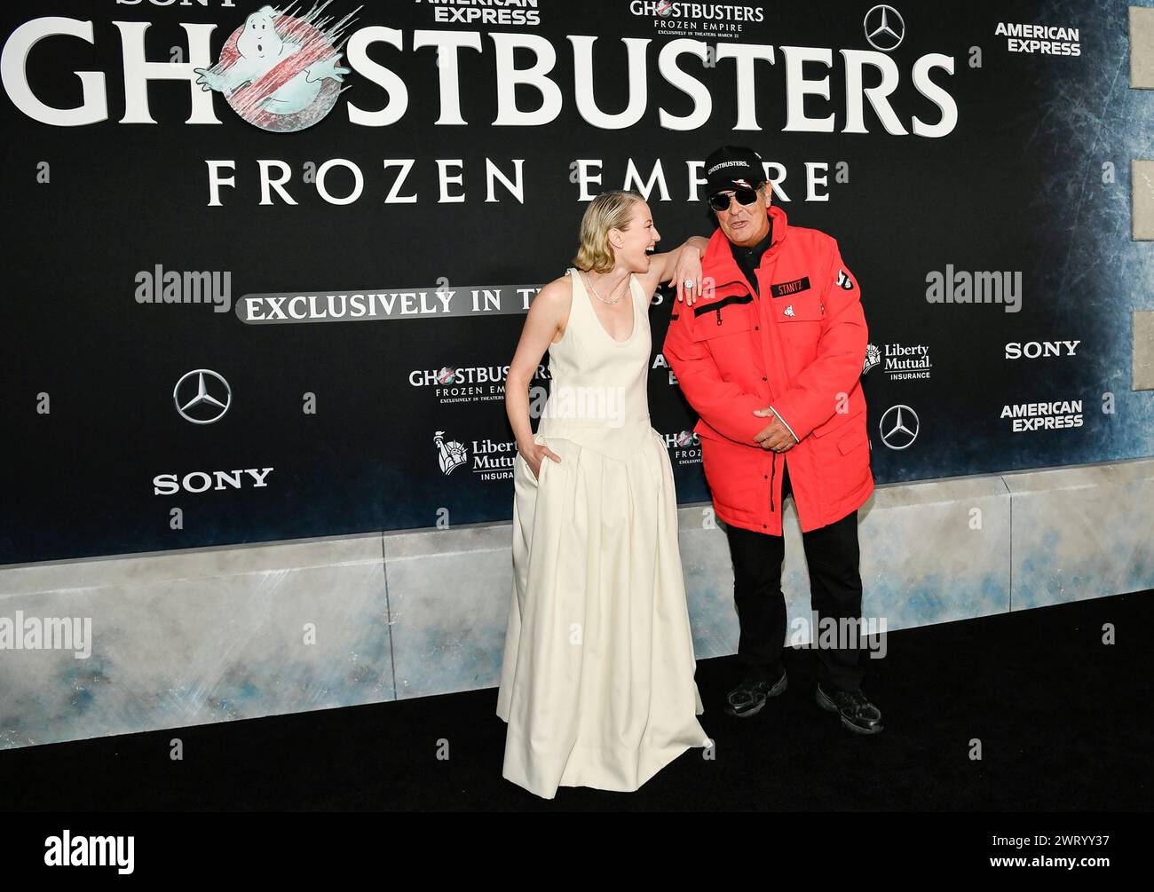 Carrie Coon, left, and Dan Aykroyd attend the premiere of "Ghostbusters ...