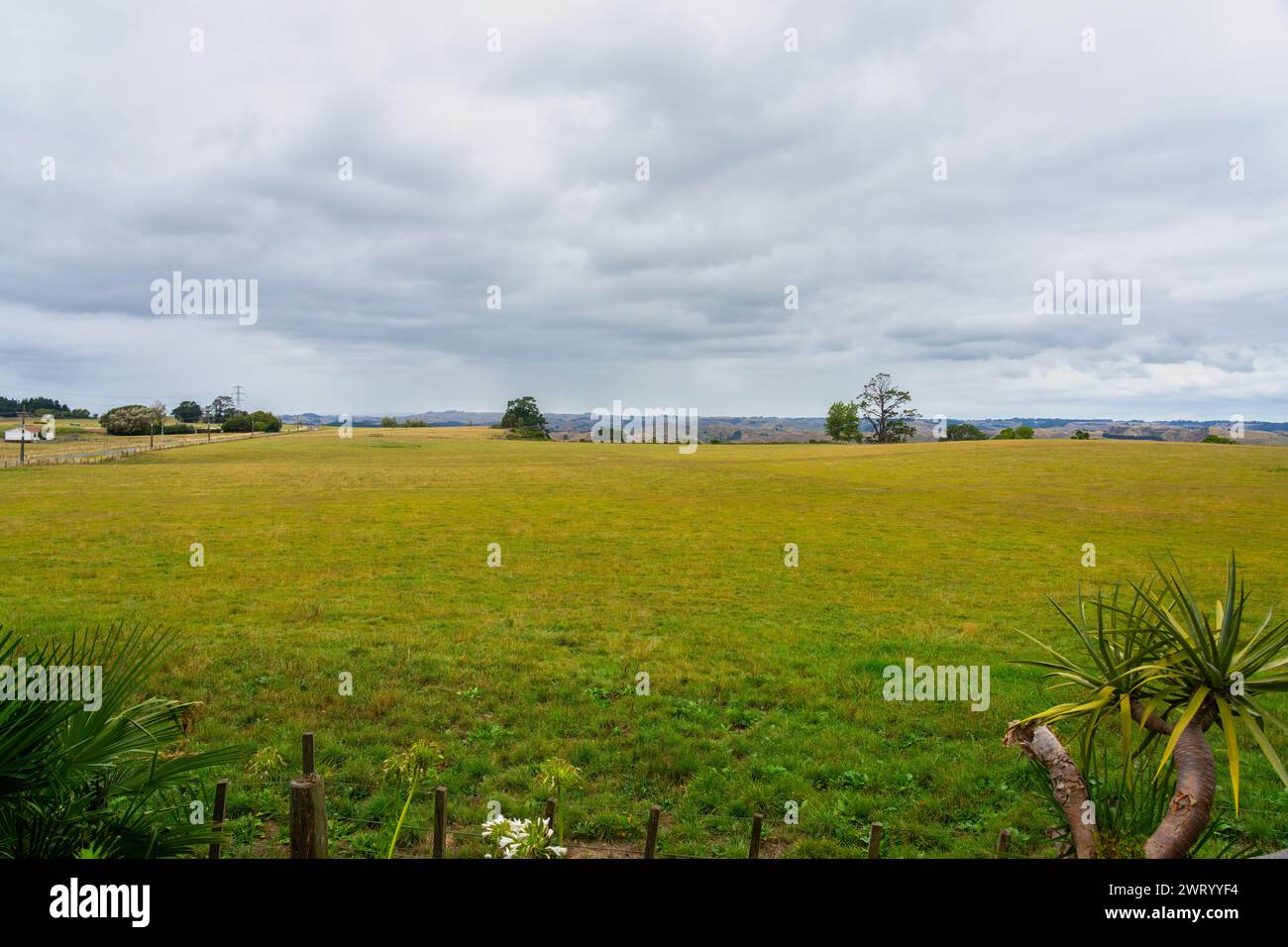 Overcast sky above wide rural landscape farmland fields at Fordell ...