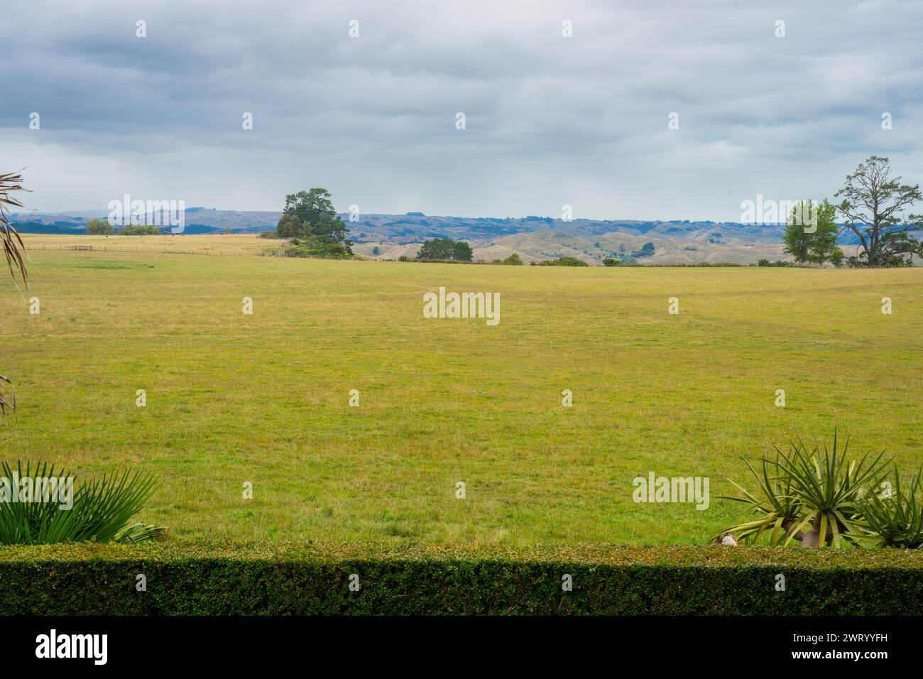Overcast sky above wide rural landscape farmland fields at Fordell ...