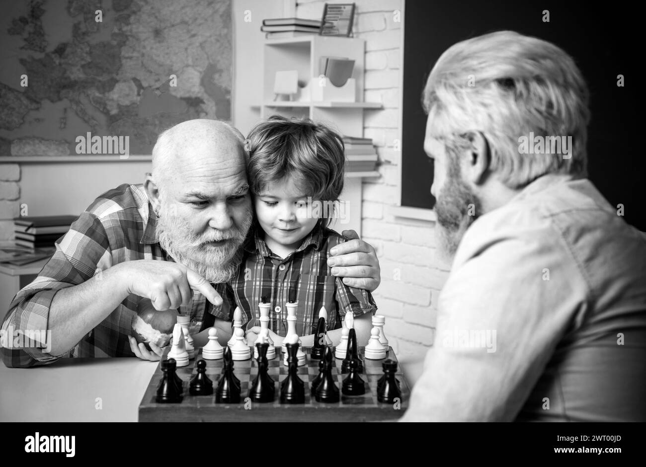 Portrait grandpa and grandson playing and learning. Family relationship ...