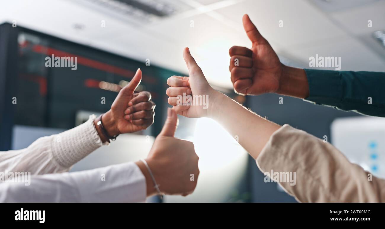 Hands, thumbs up and group of business people for success, agreement or ...