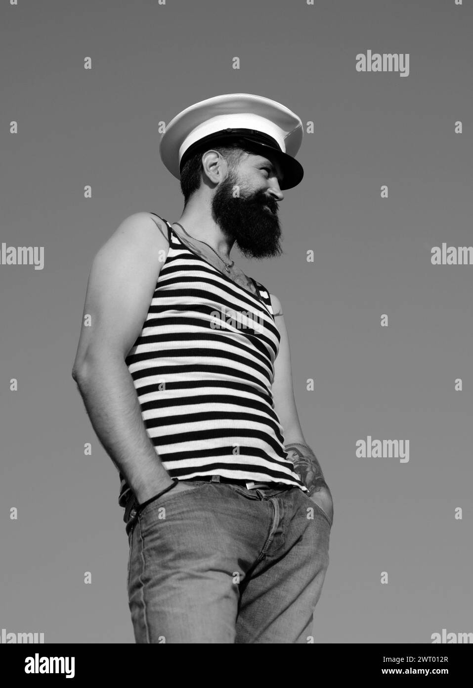 Bearded captain sailor wearing hat. Seaman fun. Portrait of serious ...