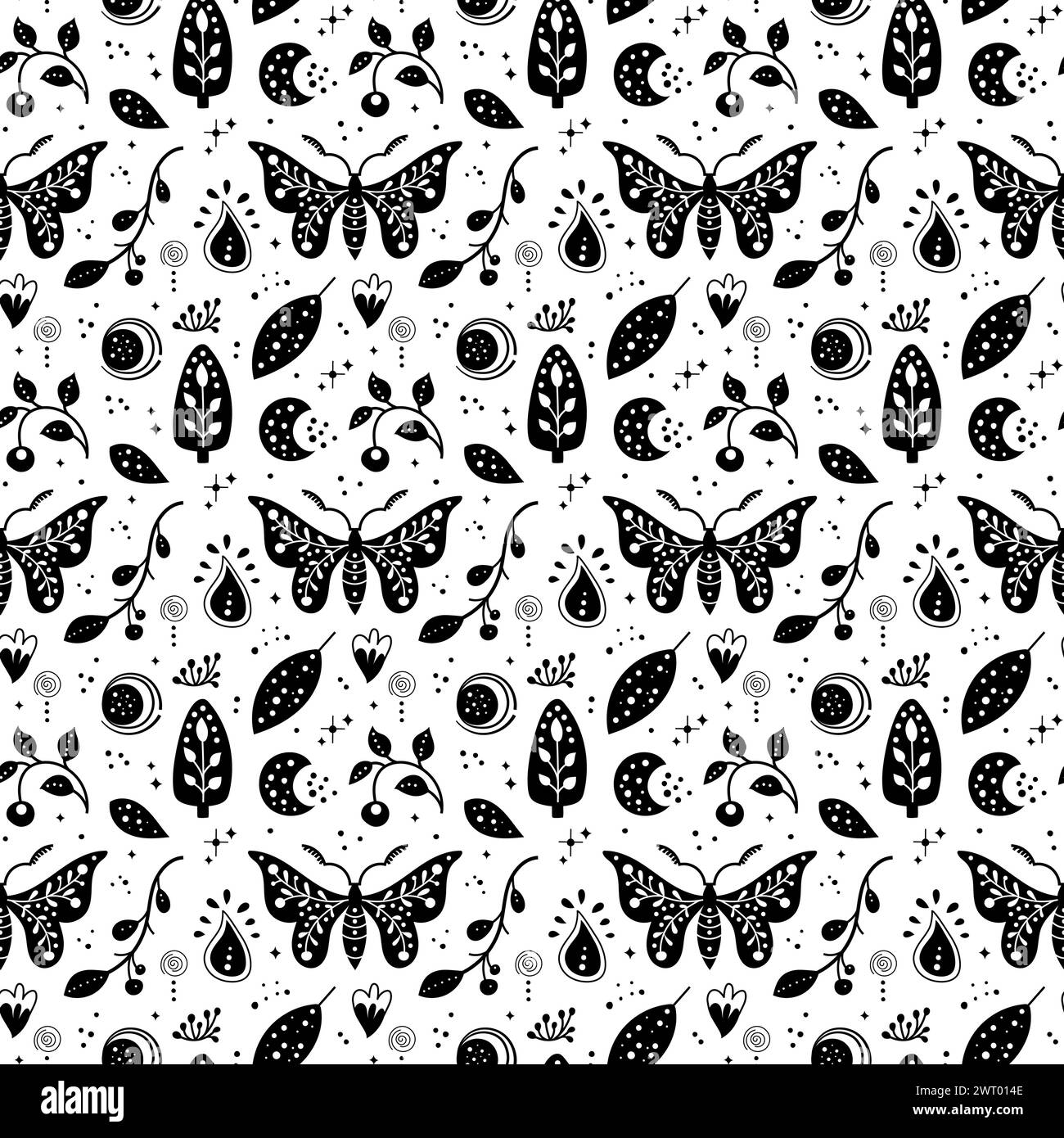 Seamless neo folk art vector pattern with butterfly, moth and flowers ...