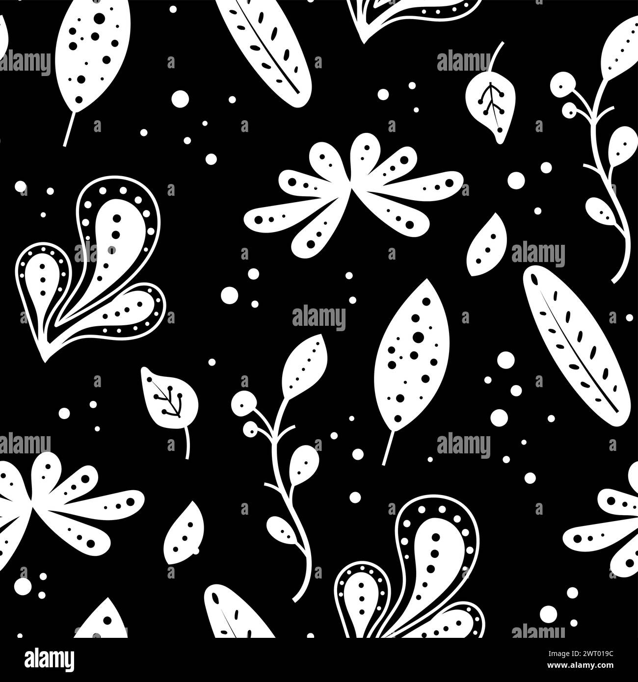 Seamless neo folk art vector pattern with flowers, black and white ...