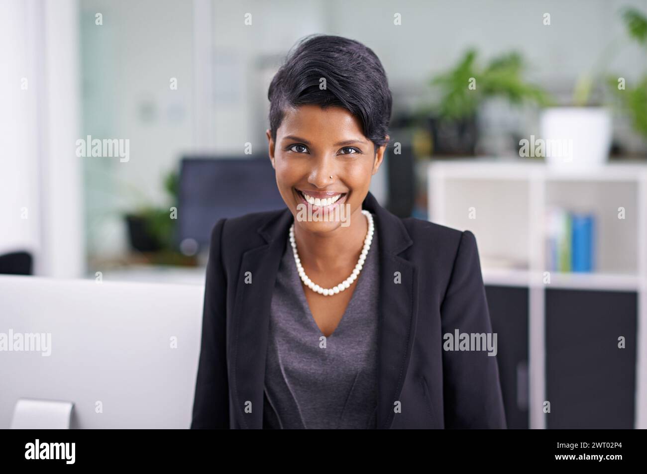 Business, portrait and happy Indian woman in office with confidence ...