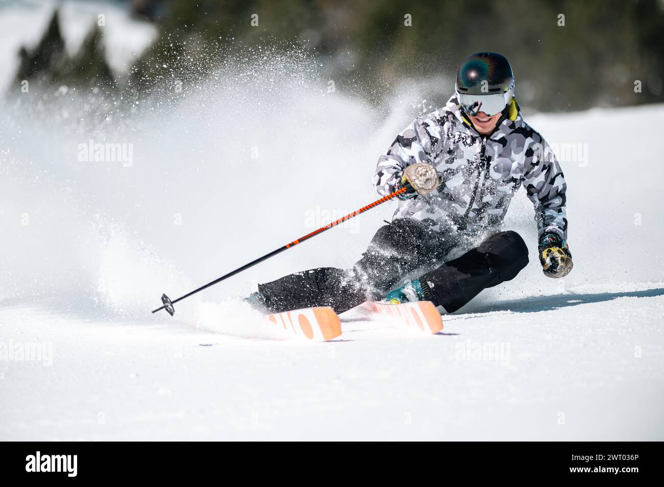 Expert skier on the slopes of Grandvalira in Andorra in Winter 2024 ...