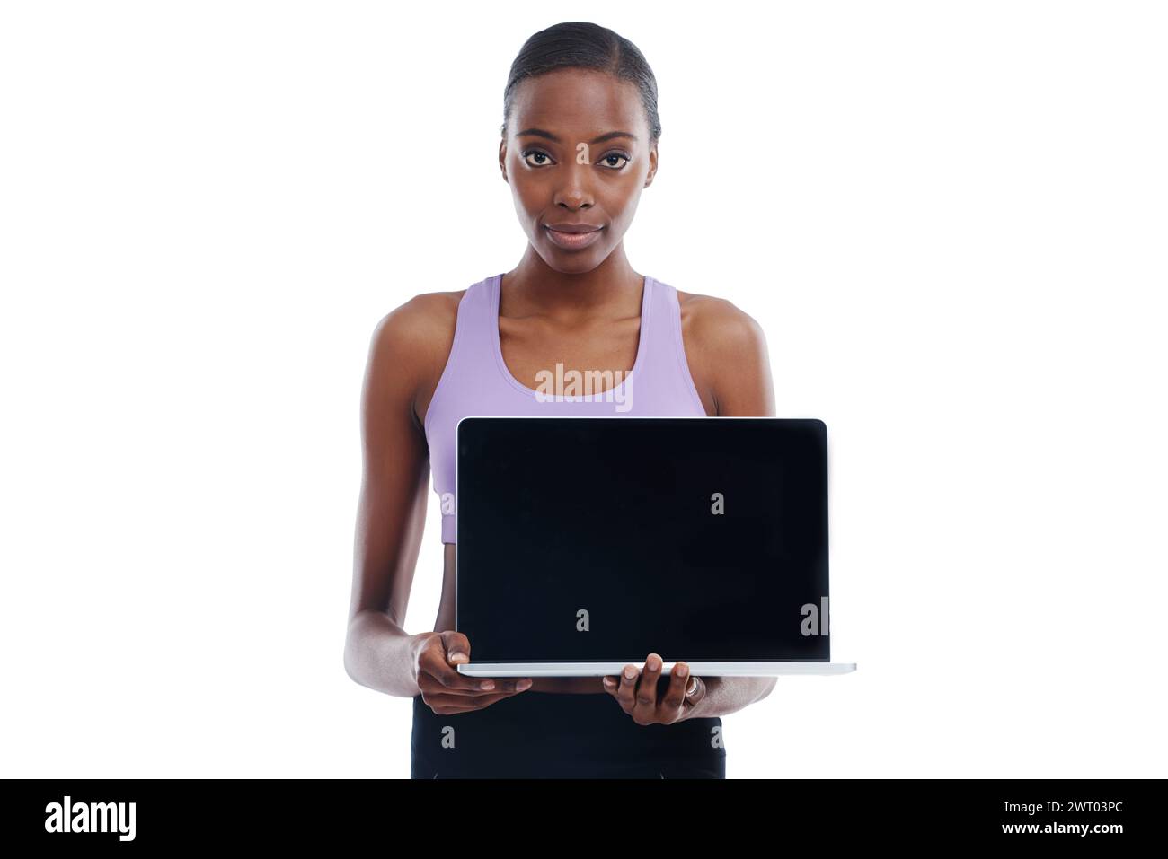 Portrait, fitness and laptop screen with black woman athlete in studio ...