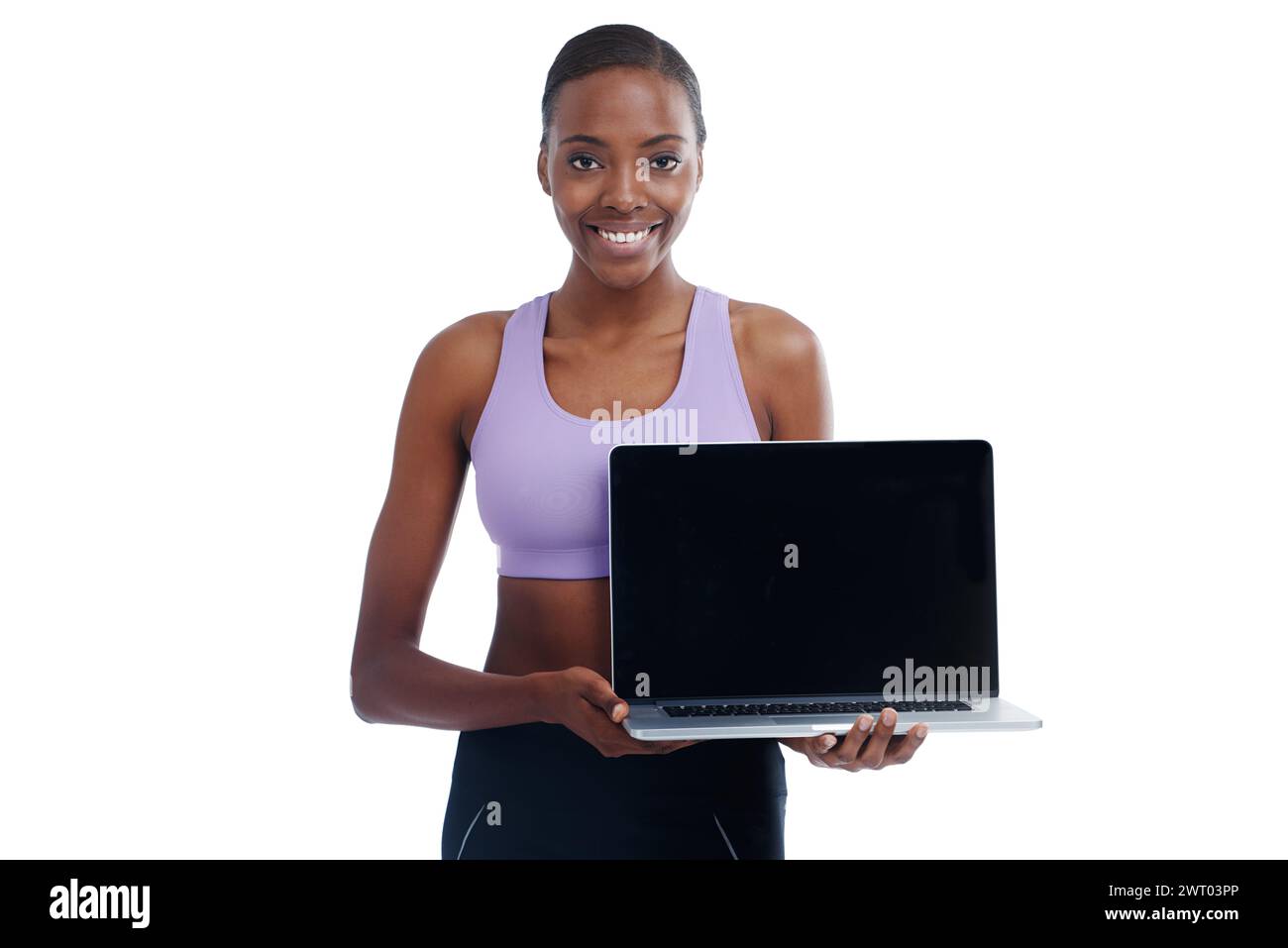 Portrait, exercise and laptop screen with happy black woman in studio ...