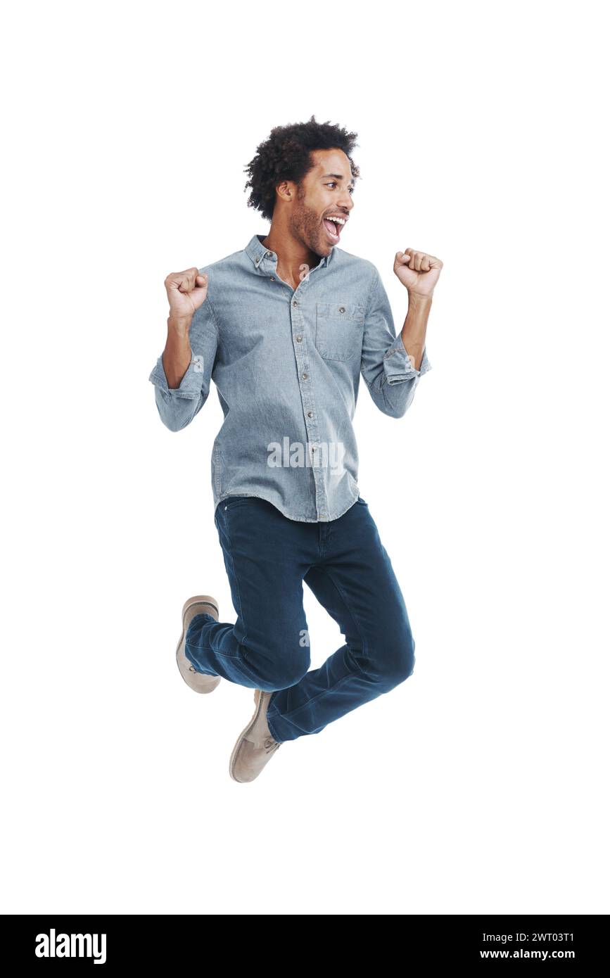 Happy, excited and man jumping in studio with good news, winning and ...