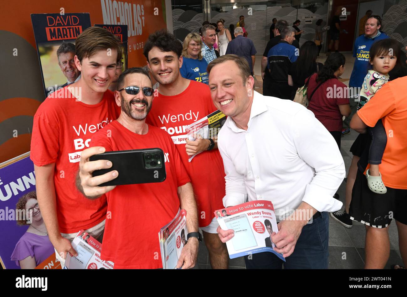 Brisbane, Australia. 15th Mar, 2024. Queensland Premier Steven Miles (right) is seen with Labor ...