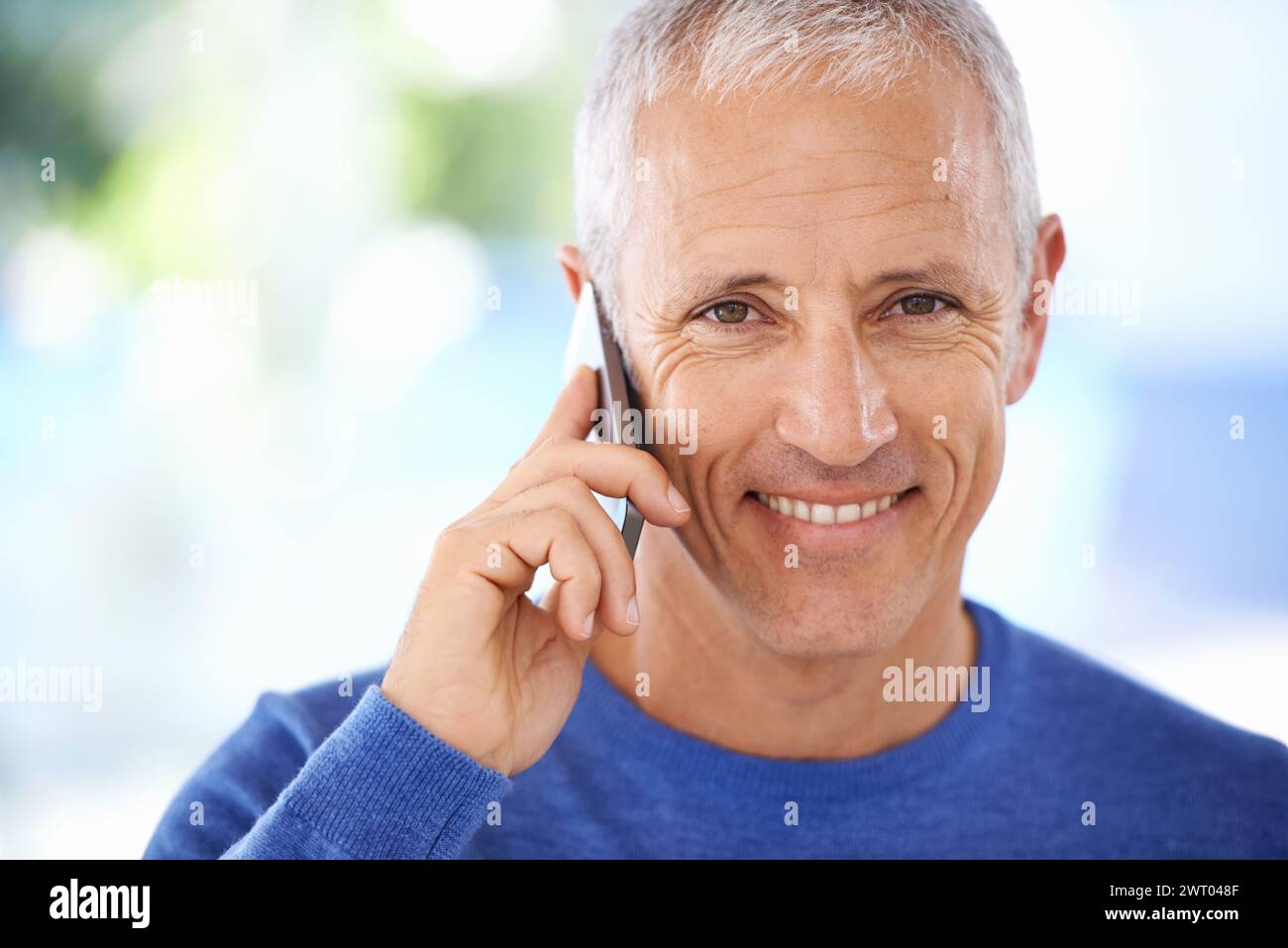 Mockup, portrait and senior man with phone call for contact ...