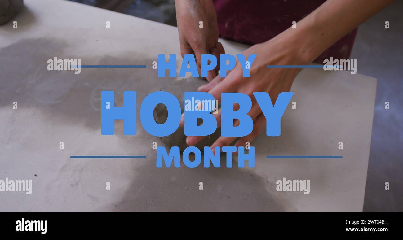 Image of happy hobby day text over midsection of caucasian woman ...