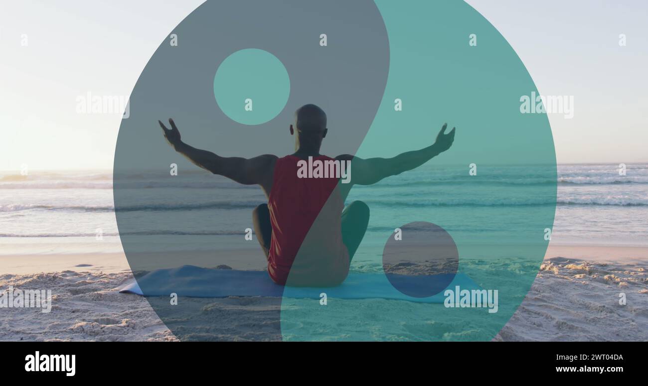 Image of ying yang symbol over senior african american man sitting on ...