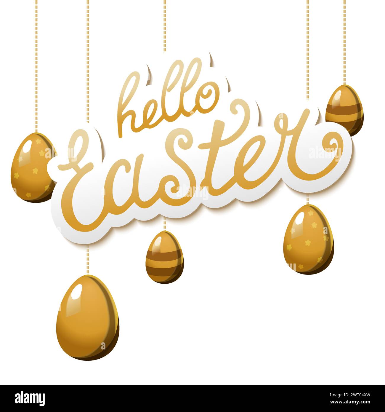 Spring gold hanging eggs with the text Hello Easter on background ...