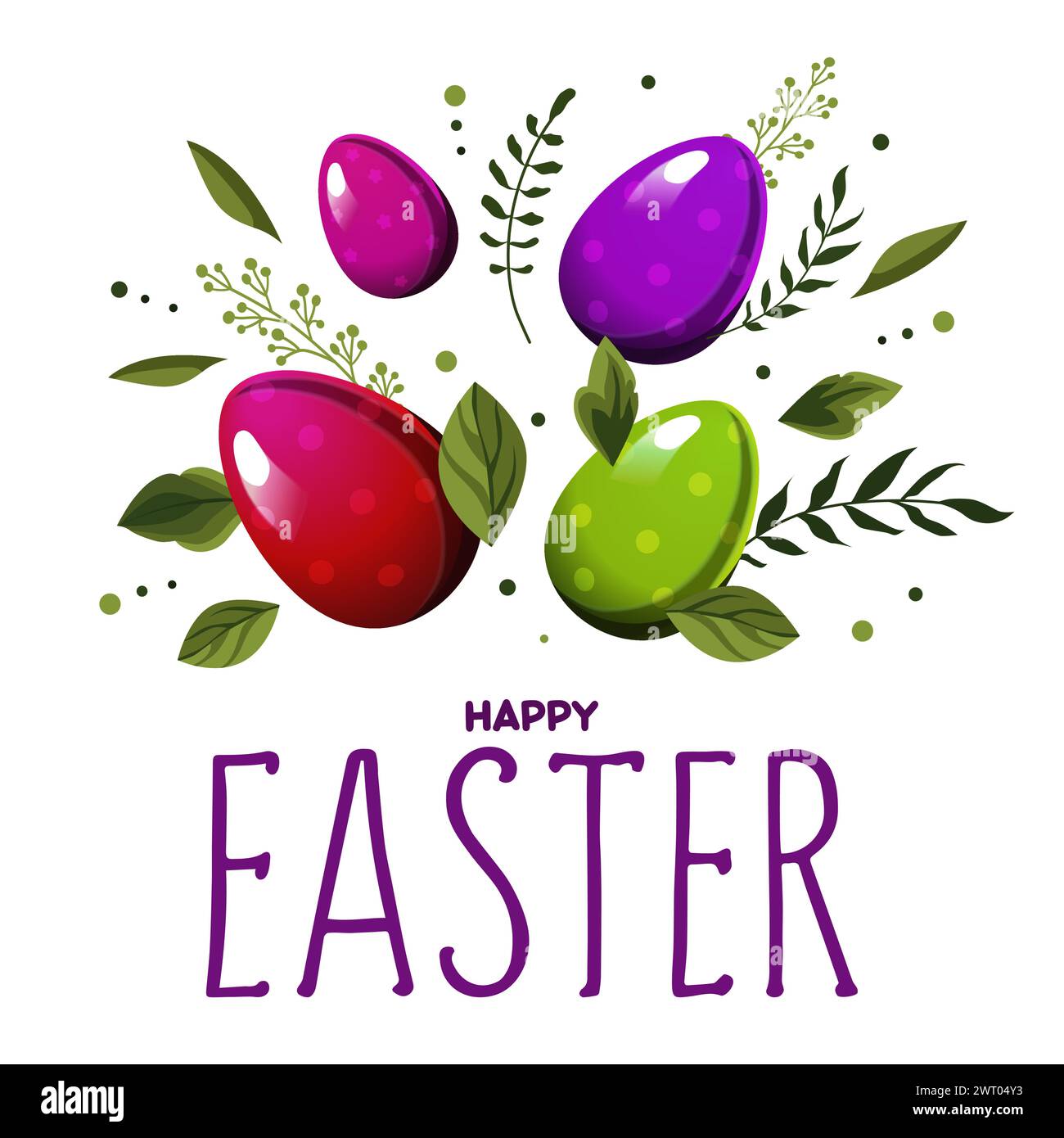 Spring red and violet eggs with the text Happy Easter and with green ...