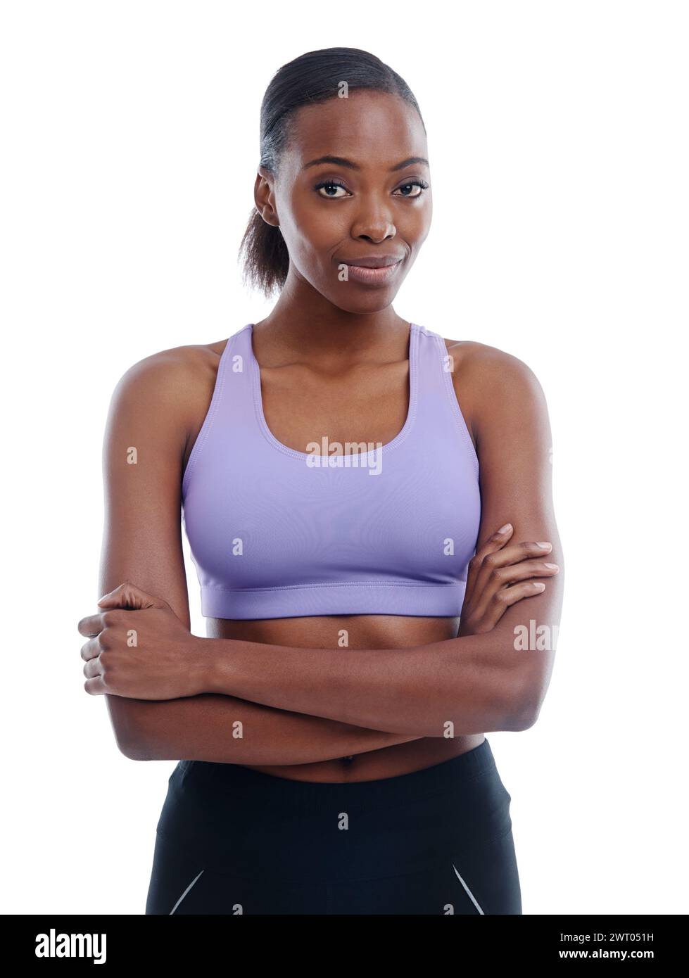 Portrait, fitness and confident with black woman arms crossed in studio isolated on white ...