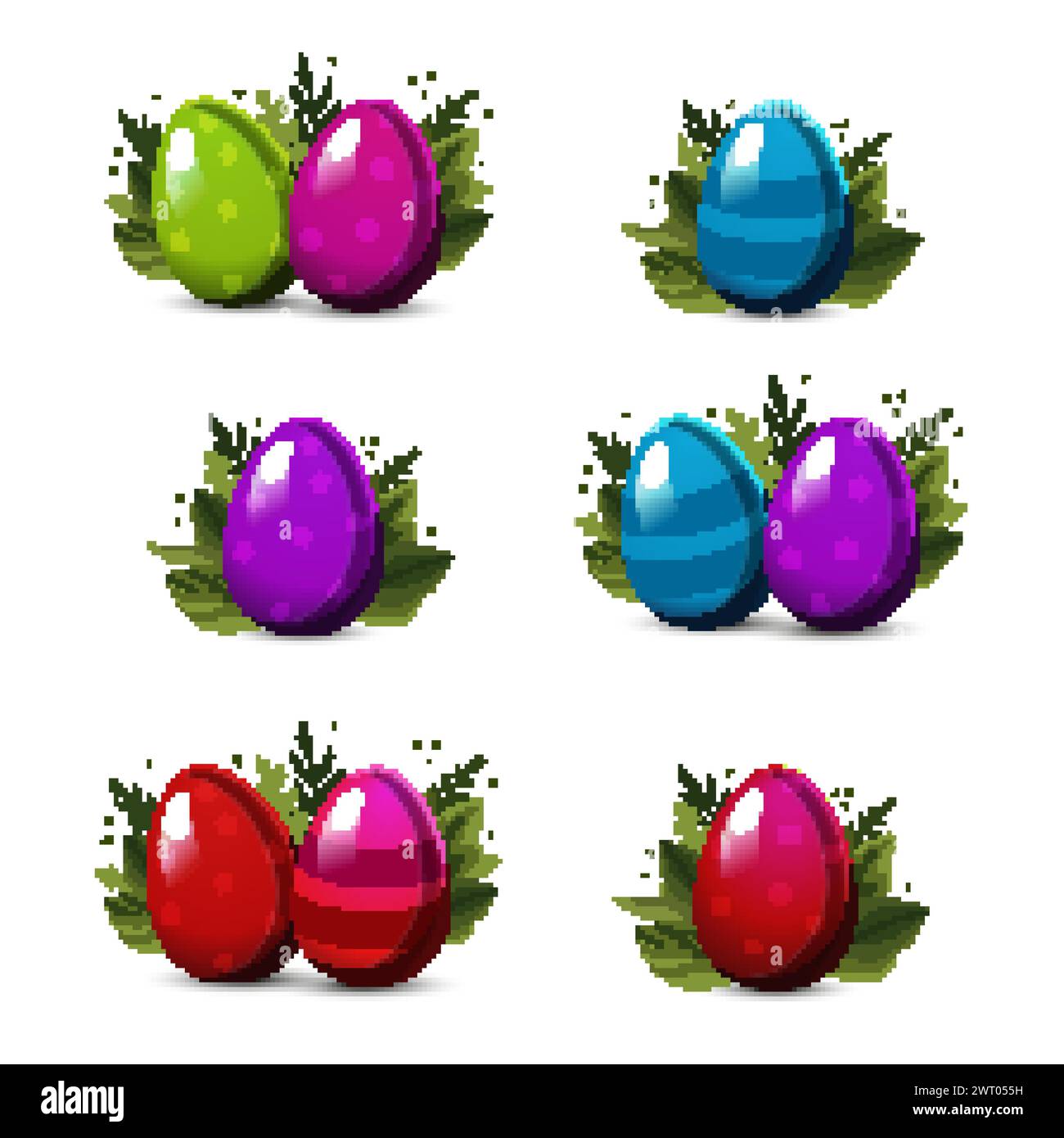 Set of colorful Easter striped egg and egg with polka dots with green ...