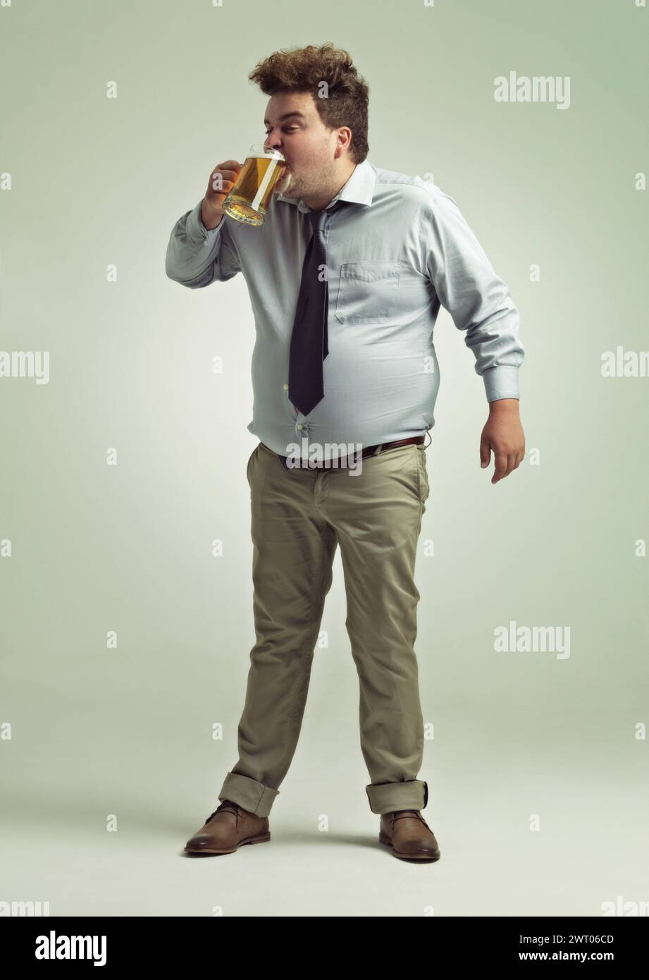 Man, face and drinking with beer for party or chug in obesity on a ...