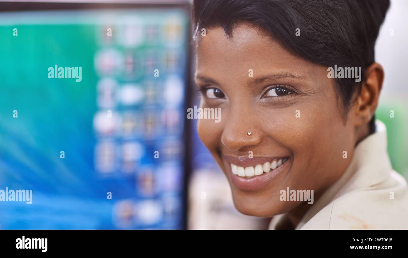 Business woman, portrait and digital administrator at a computer with ...