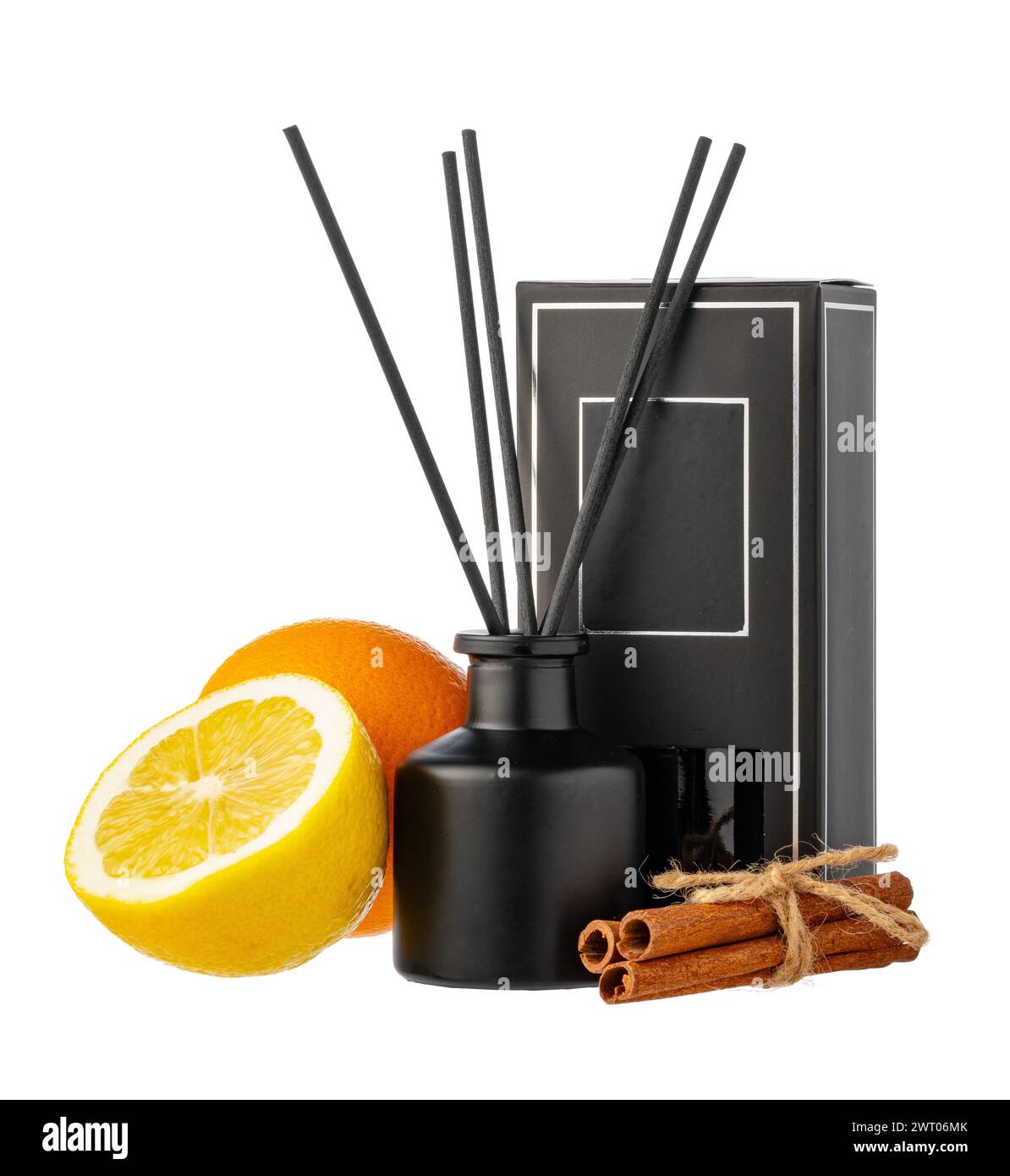 Aromatic diffuser with orange and cinnamon scent on white background ...