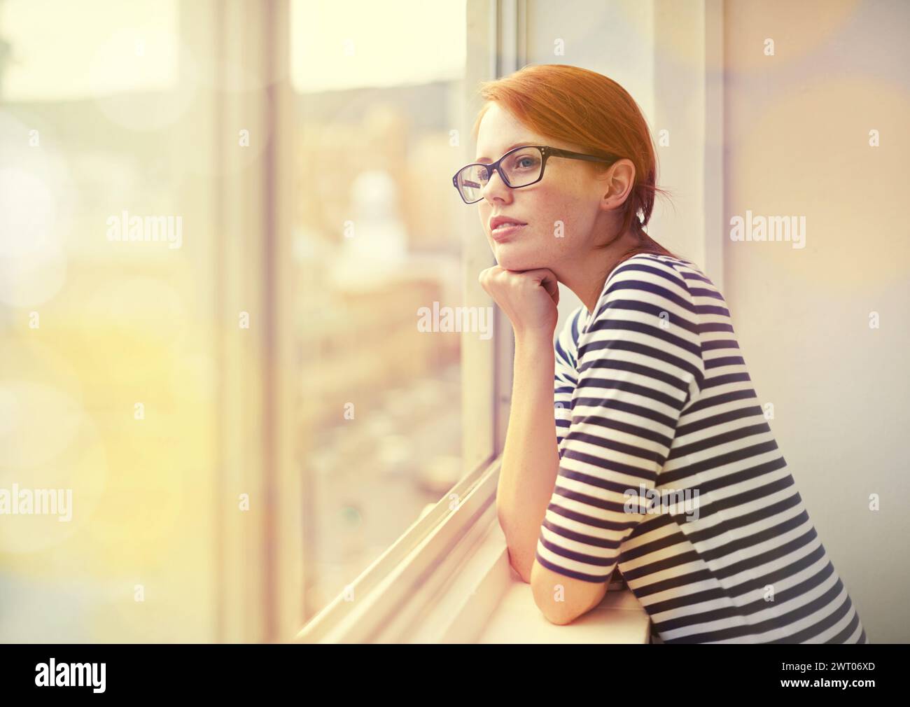 Window, thinking and woman in office with glasses, career opportunity ...
