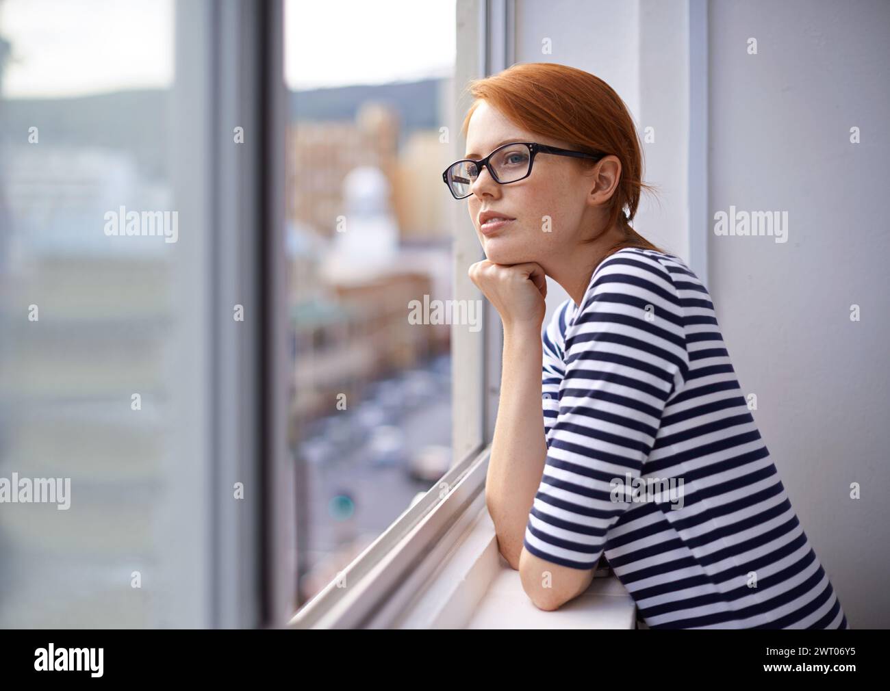 Thinking, window and business woman with glasses and ideas ...