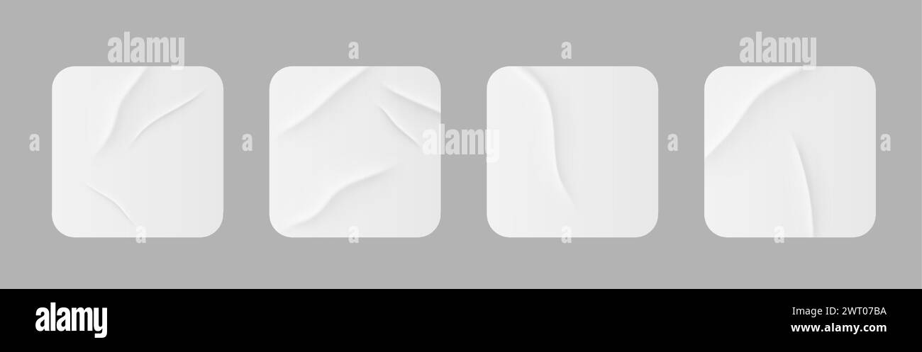 White stickers, glued paper patches and adhesive tapes with wrinkles ...