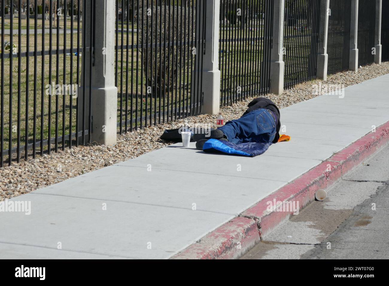 Las Vegas, Nevada, USA 7th March 2024 Homeless on sidewalk at Woodlawn ...