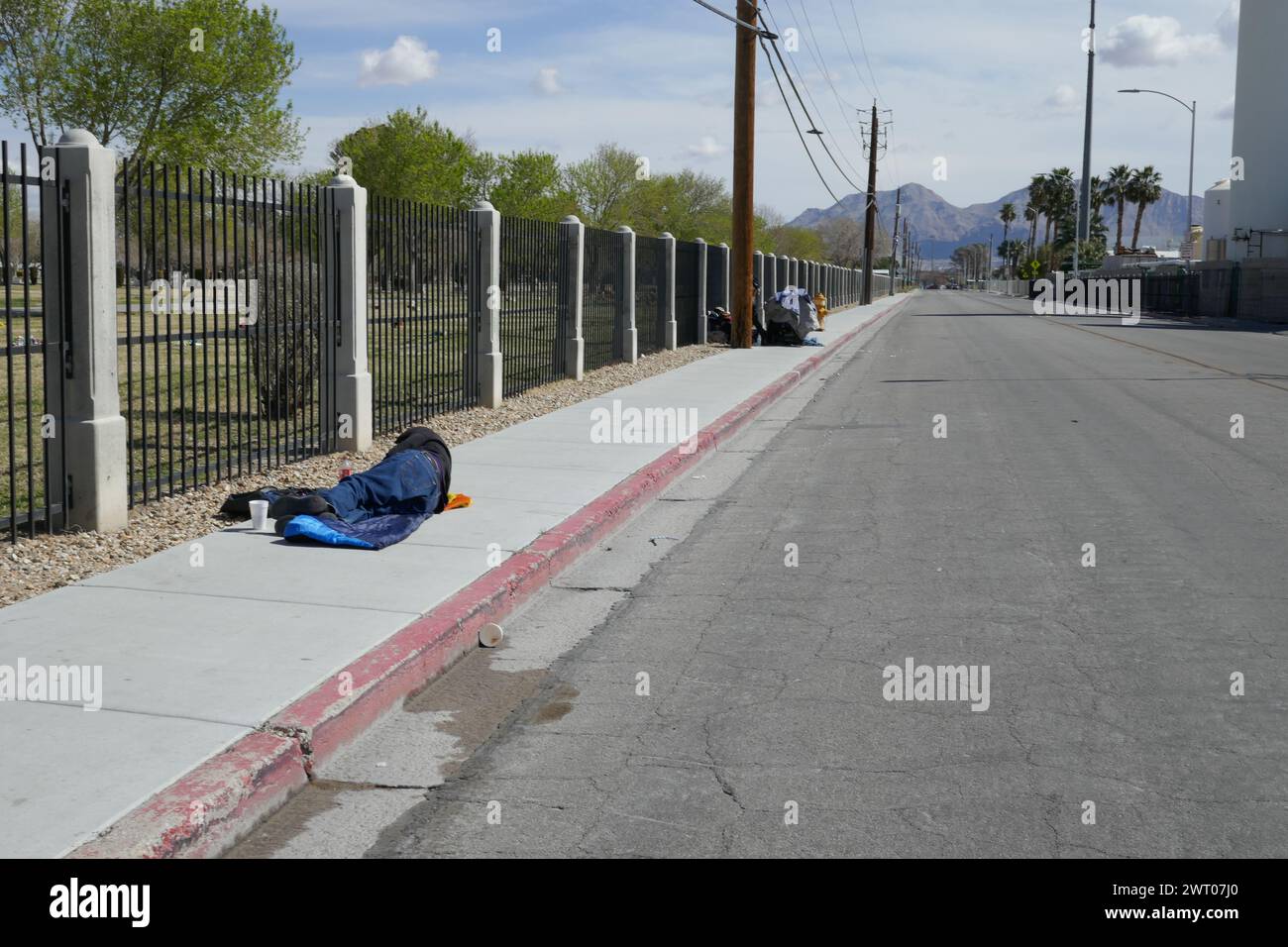 Las Vegas, Nevada, USA 7th March 2024 Homeless on sidewalk at Woodlawn ...