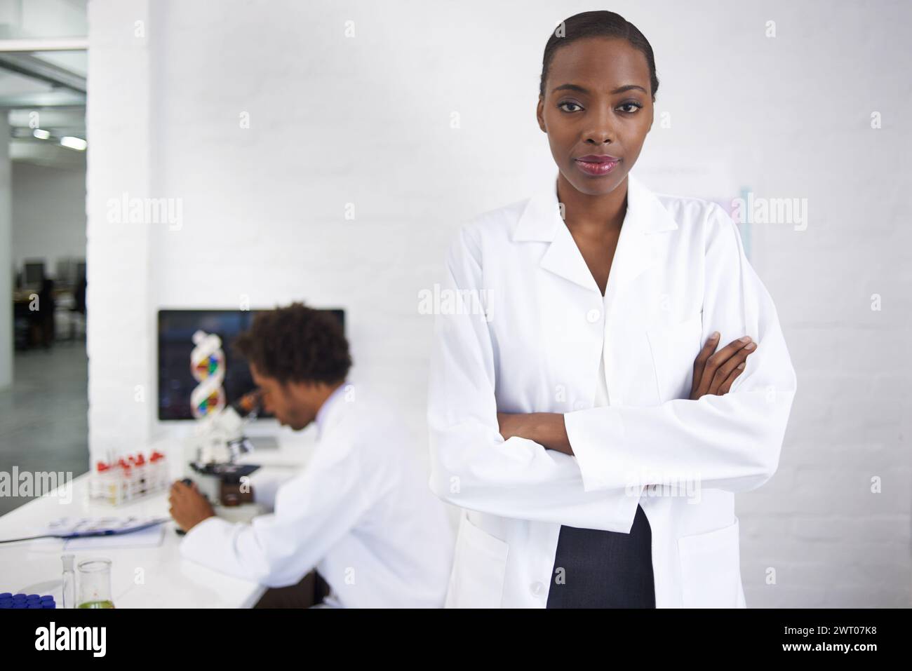 Portrait, science and black woman arms crossed in laboratory for ...