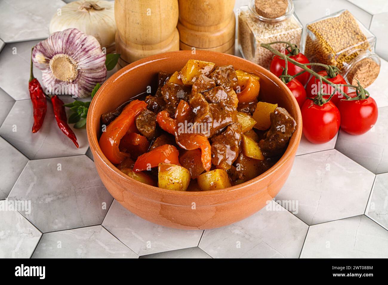 Homemade beef hungarian goulash with potato, pepper and tomato Stock ...
