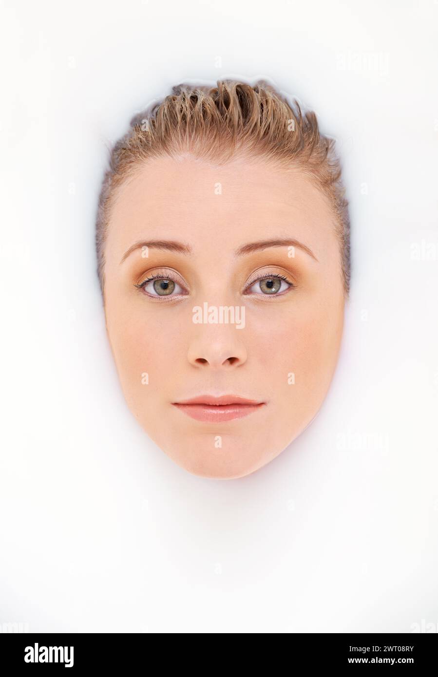 Woman, portrait and milk or bath for skincare, beauty and moisturize on ...