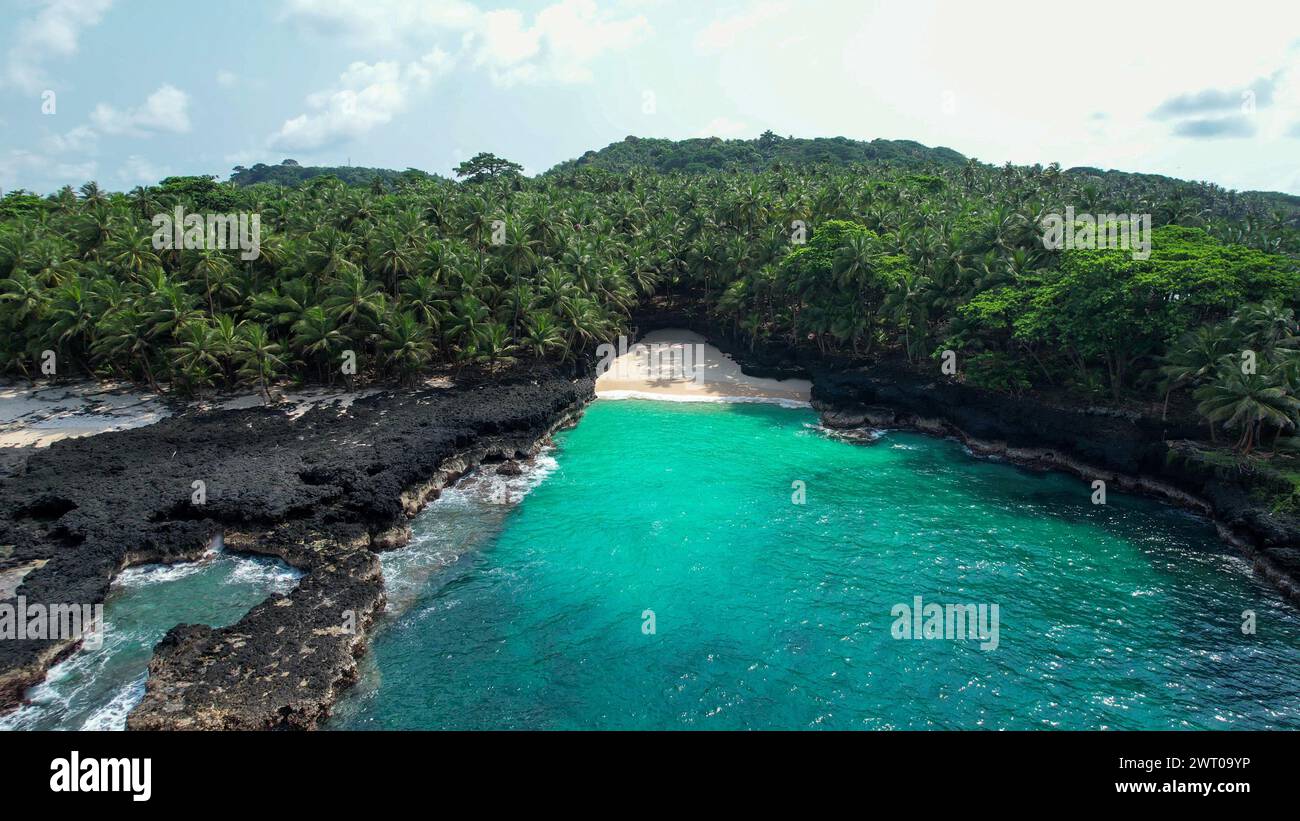 An Aerial view of a Battery Beach in Sao Tome and Principe, Equator ...