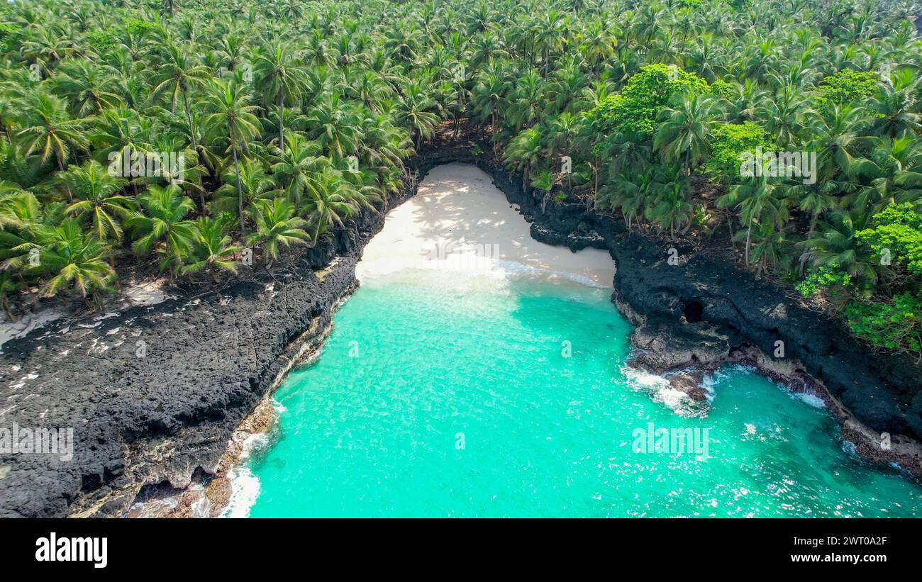 An Aerial view of a Battery Beach in Sao Tome and Principe, Equator ...