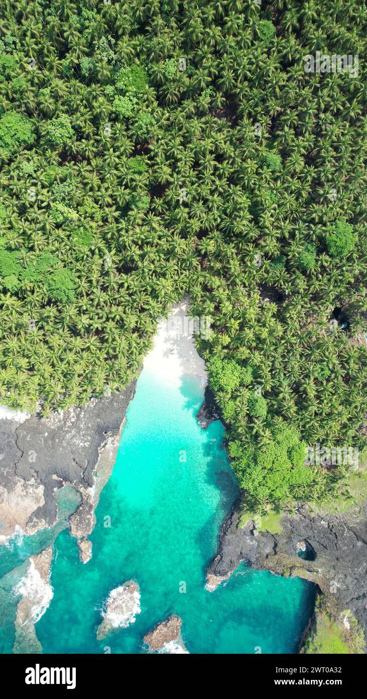 An Aerial view of a Battery Beach in Sao Tome and Principe, Equator ...