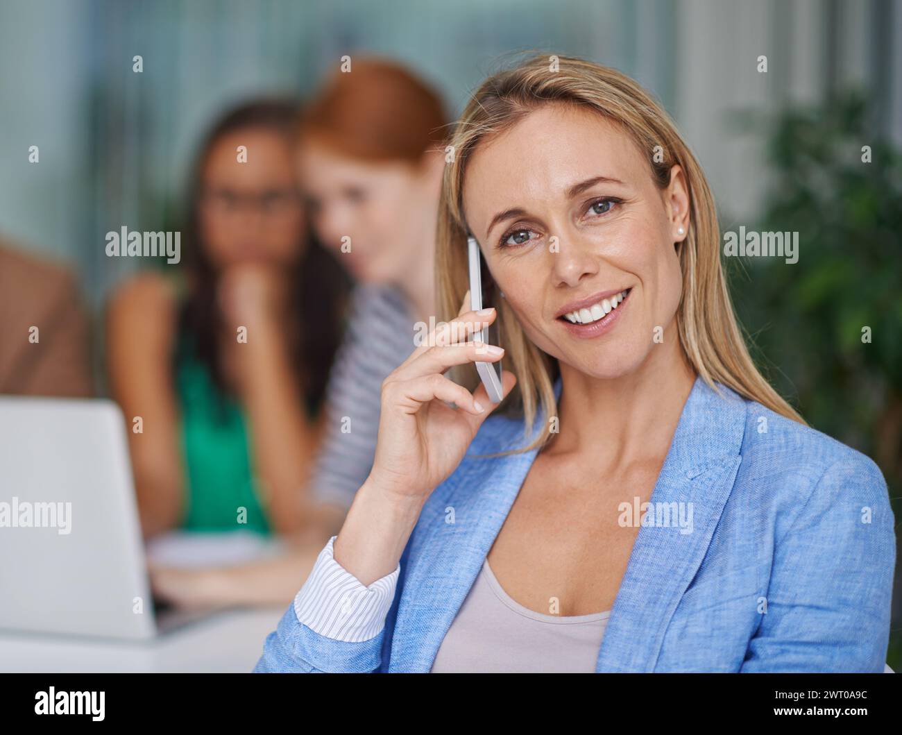 Portrait, phone call and woman at meeting in office for networking ...