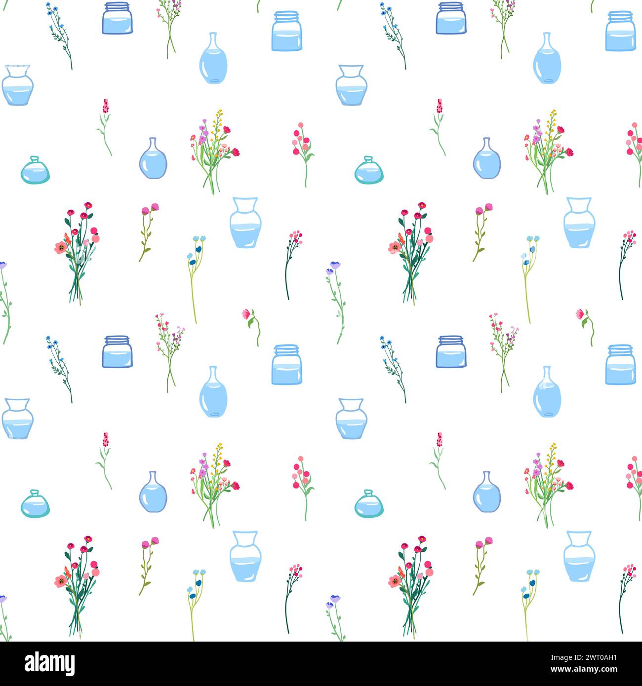 Spring flowers in glass vases, seamless pattern. Fragile floral stems ...