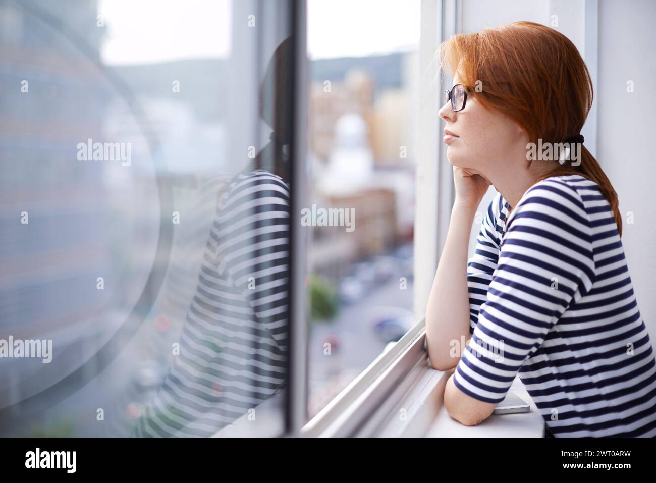 Thinking, window and business woman with idea, brainstorming project ...