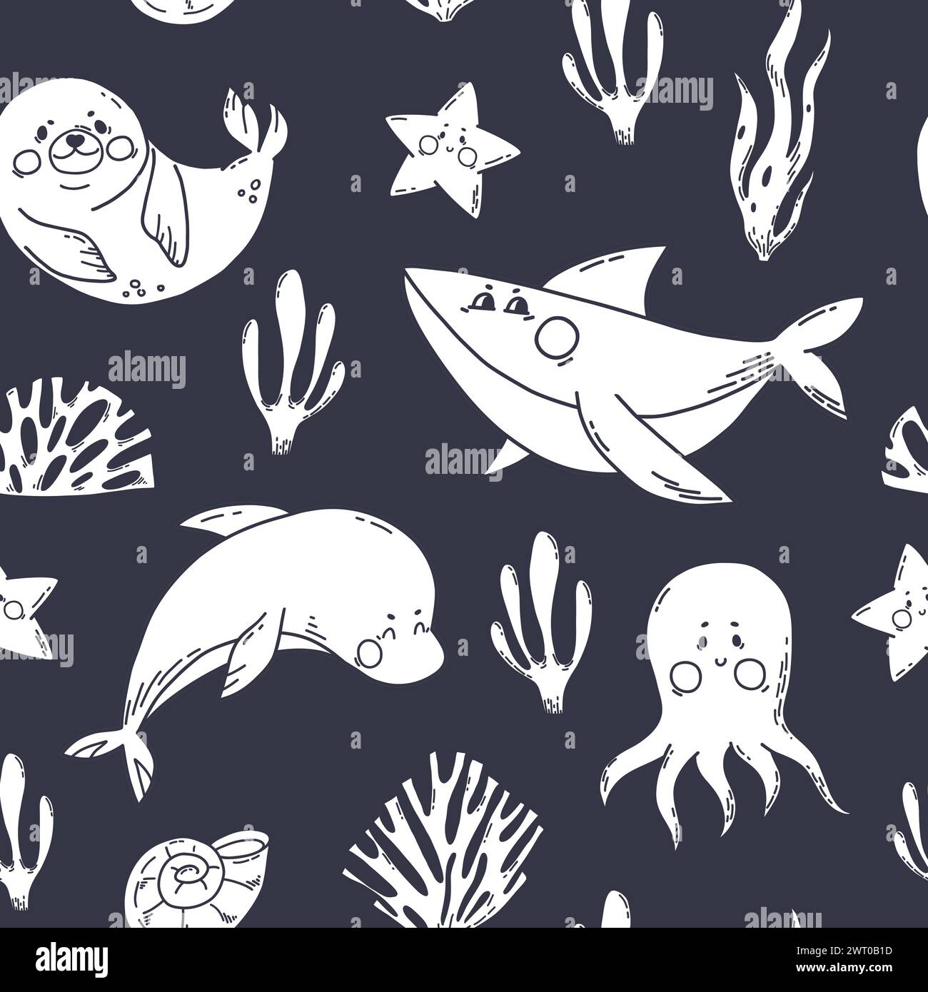 Seamless Pattern with funny shark, seal, dolphin and octopus. Vector ...