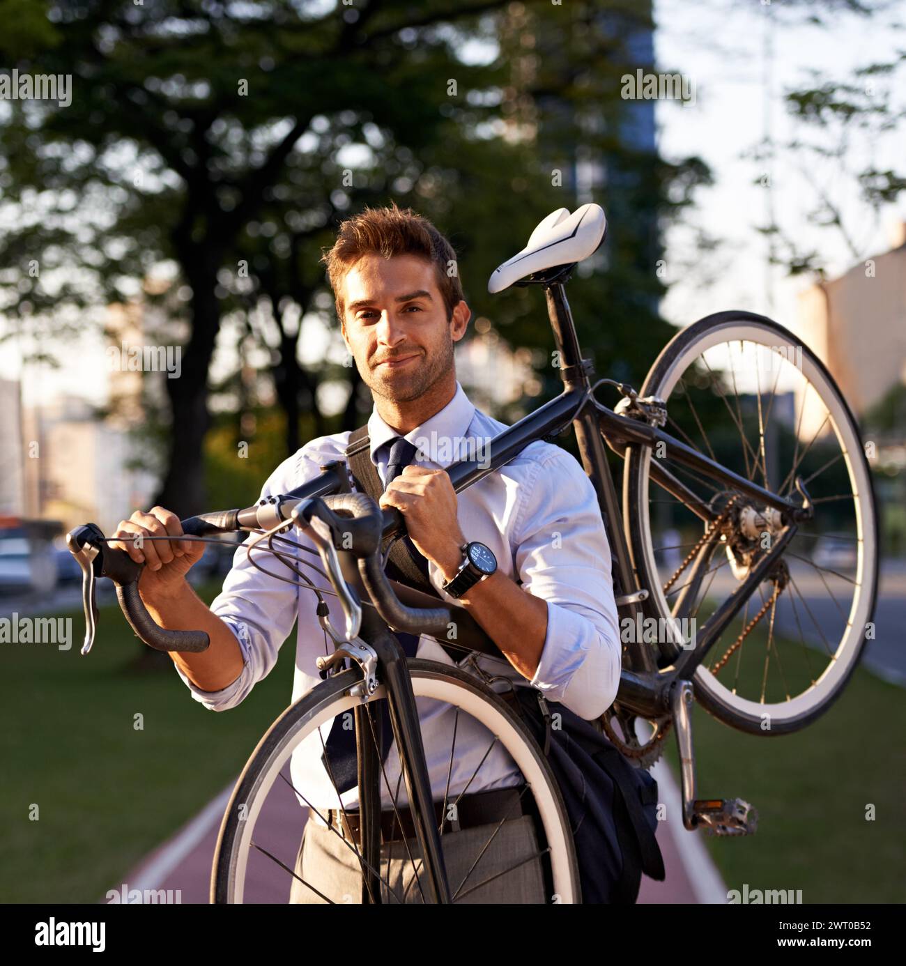 Bicycle, portrait and business man for commute, transportation and ...