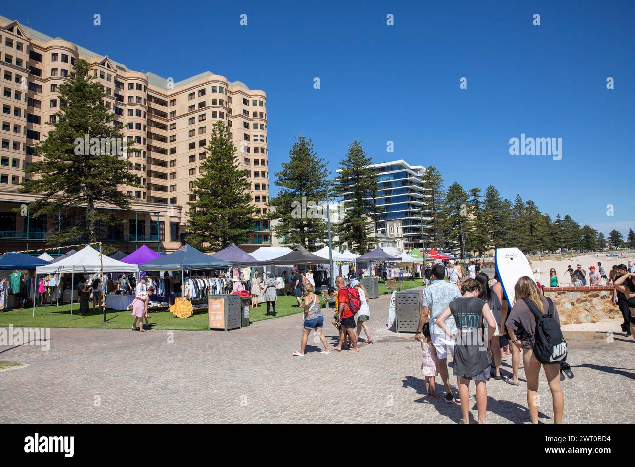 Glenelg, market day, coastal suburb of Adelaide in South Australia ...