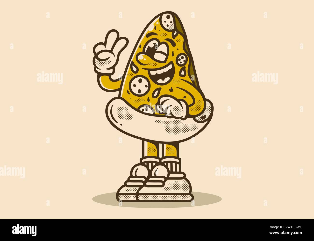Cute mascot character illustration of a pizza with hand forming peace ...