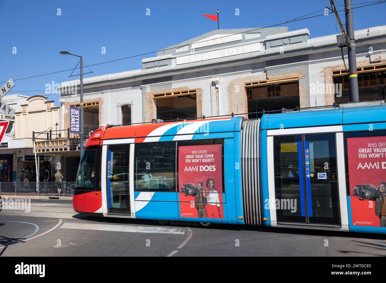 Glenelg town centre on the east coast of Adelaide, Glenelg tram departs ...