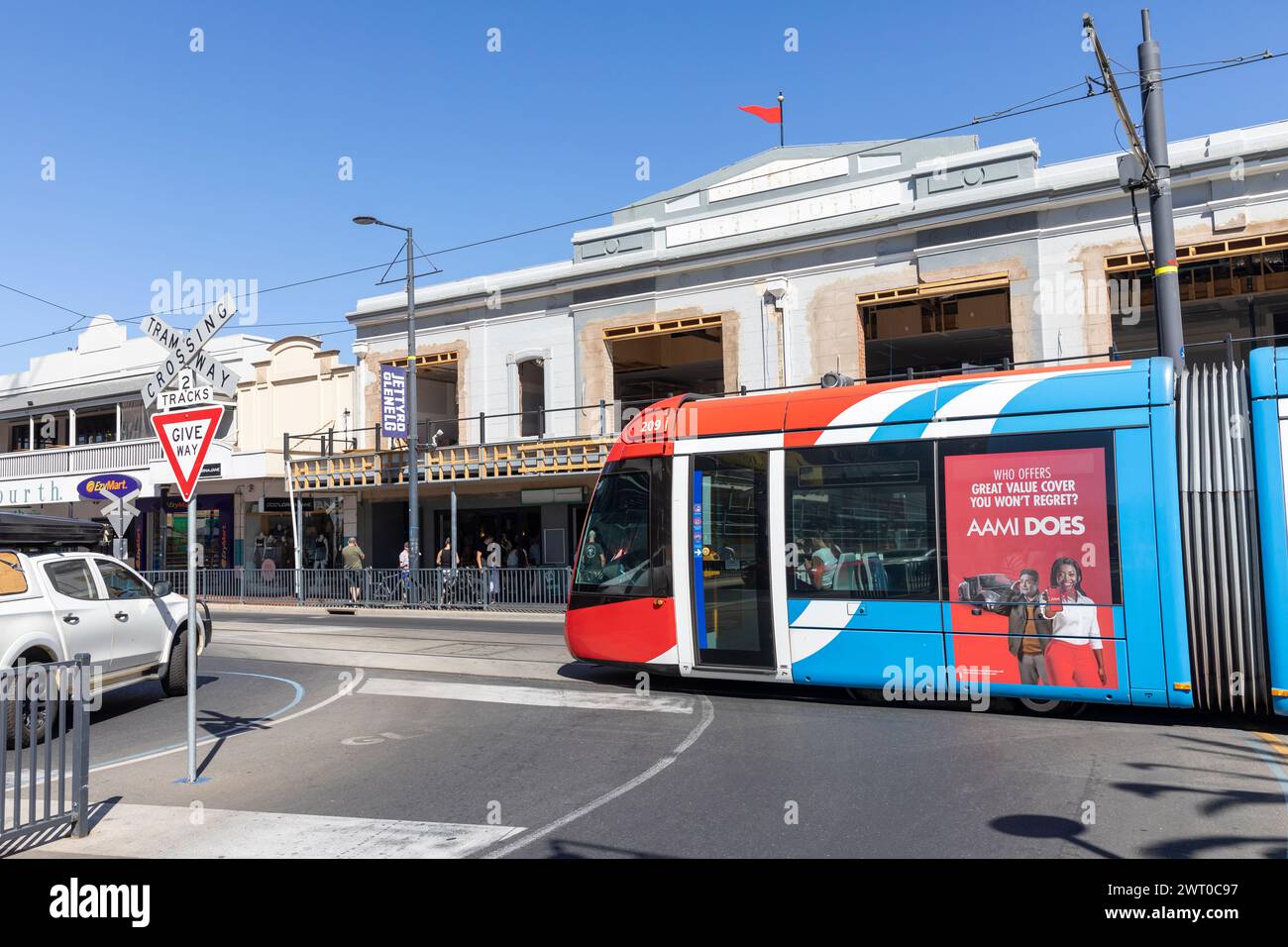 Glenelg town centre on the east coast of Adelaide, Glenelg tram departs ...