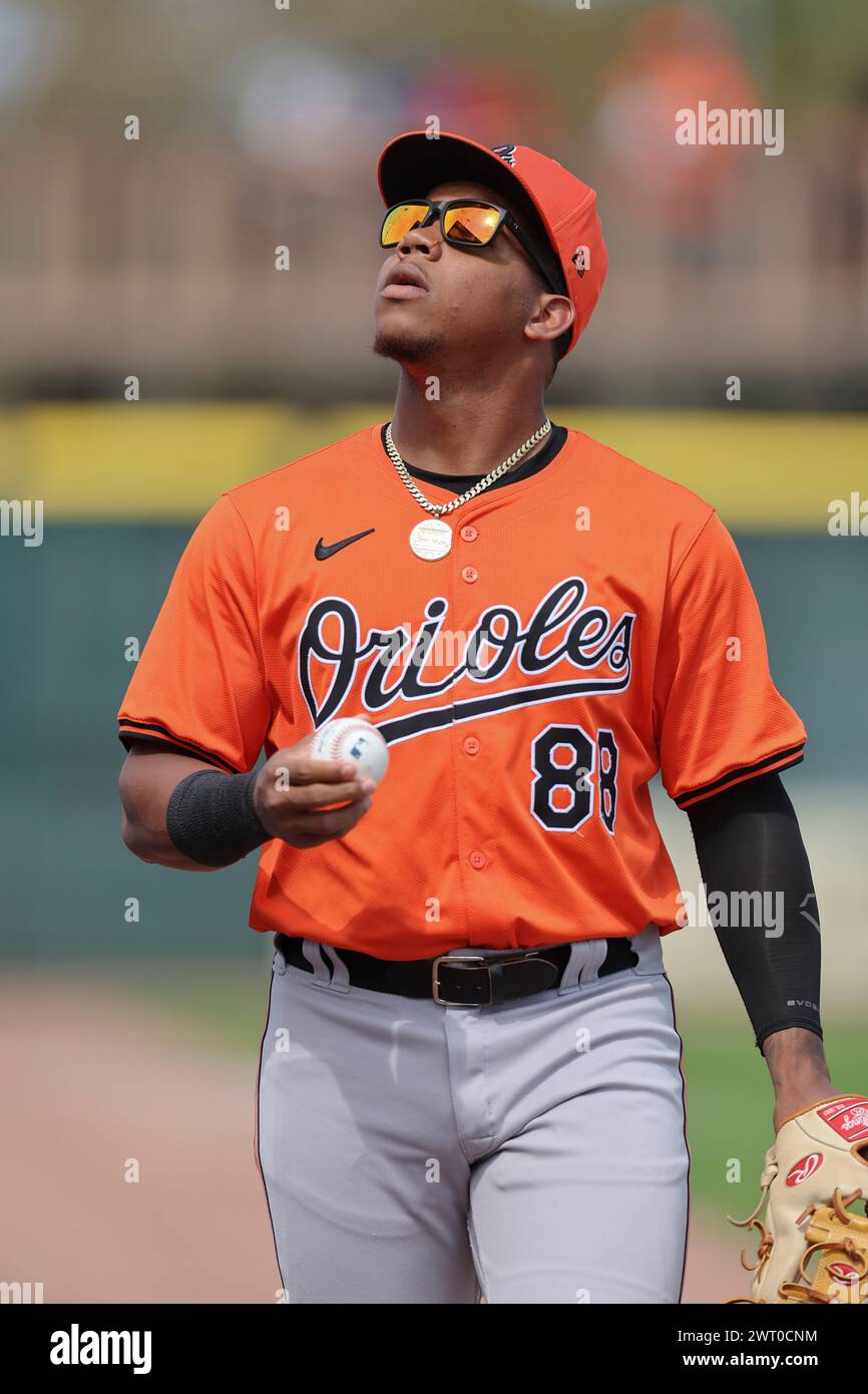 Bradenton, FL: Baltimore Orioles outfielder Angel Tejada (86) looks to ...