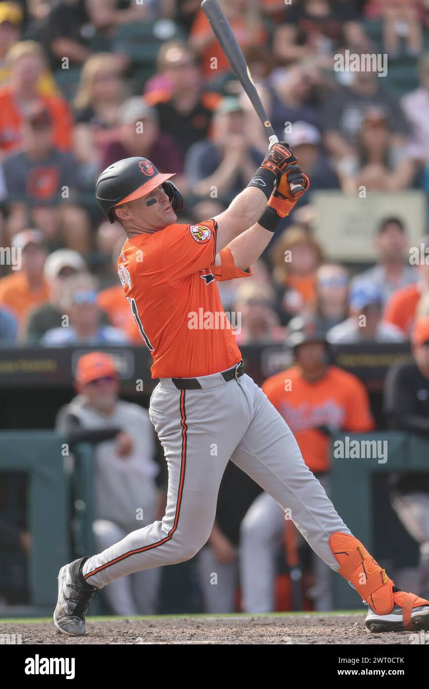 Bradenton, FL: Baltimore Orioles left fielder Kyle Stowers (28) hits a ...